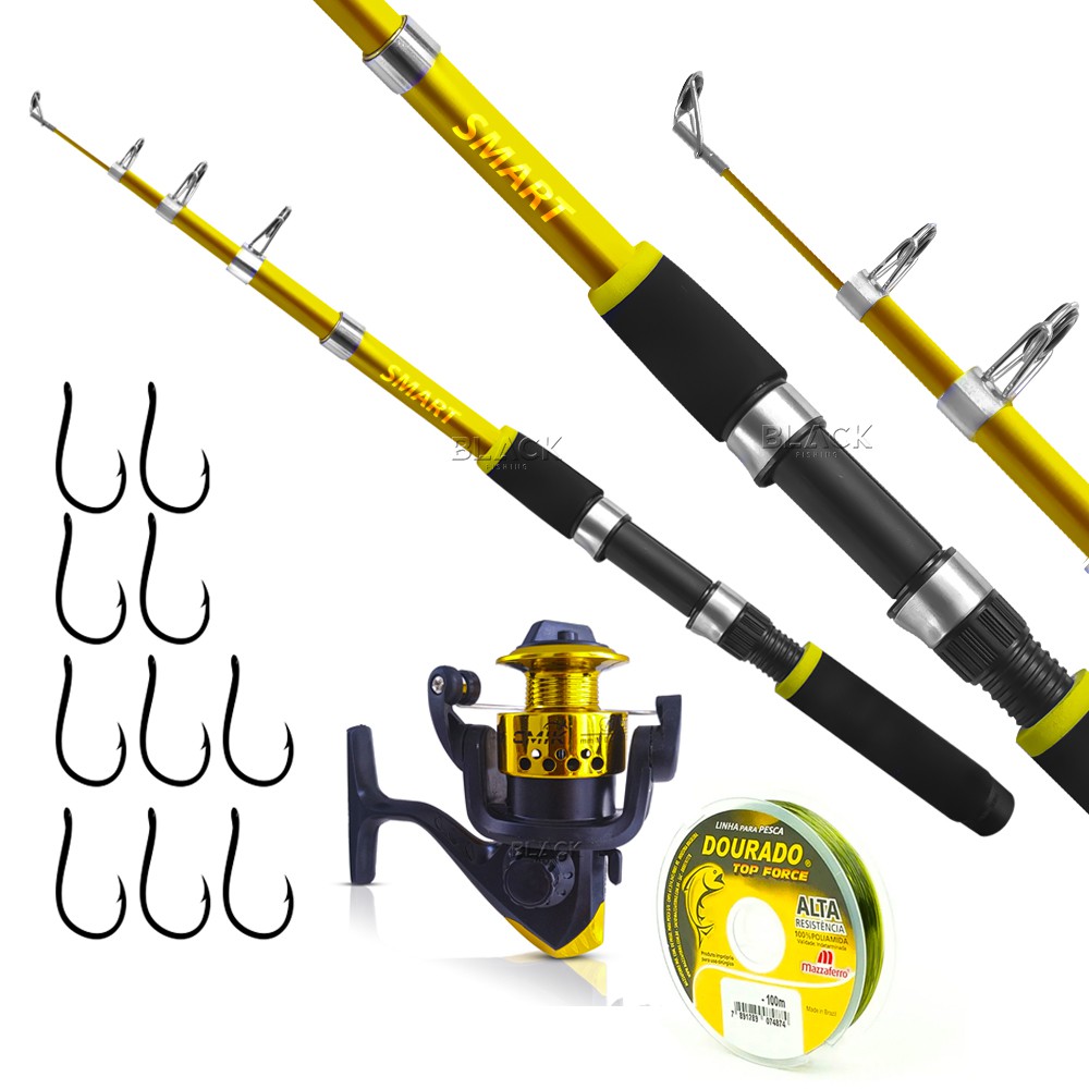 Kit De Pesca Completo 1 Vara Telescópica Cmik 1,70 Metros 1 Molinete Com Linha mais 10 Anzol ...