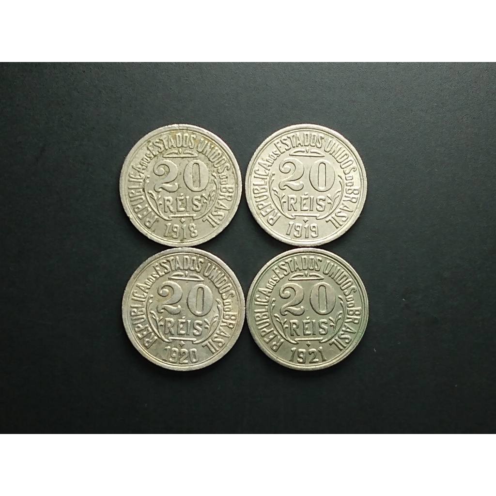 Moedas de 20 réis de 1918, 1919, 1920 e 1921, MBC/Sob, circuladas mas em muito bom estado de ...