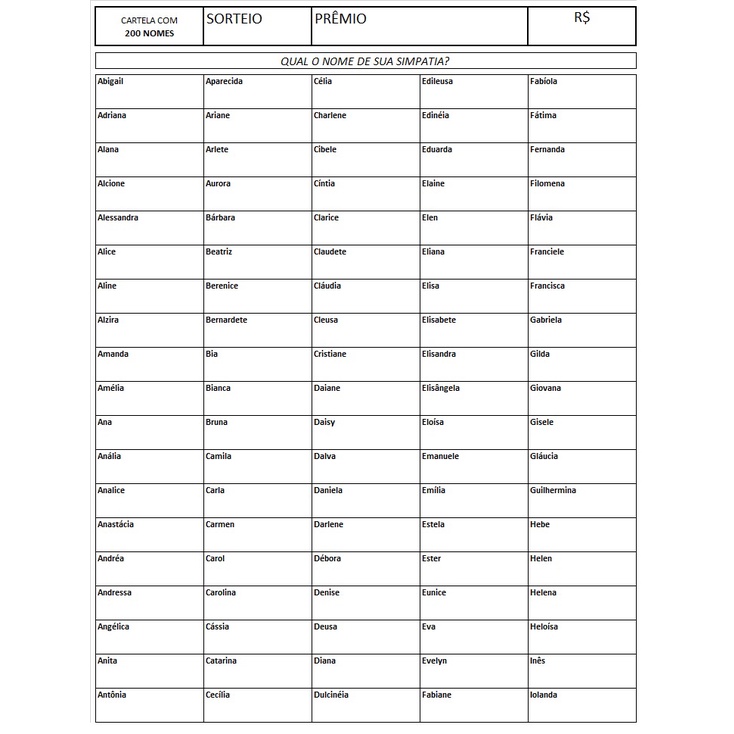 Cartela de rifa com 200 nomes | Shopee Brasil