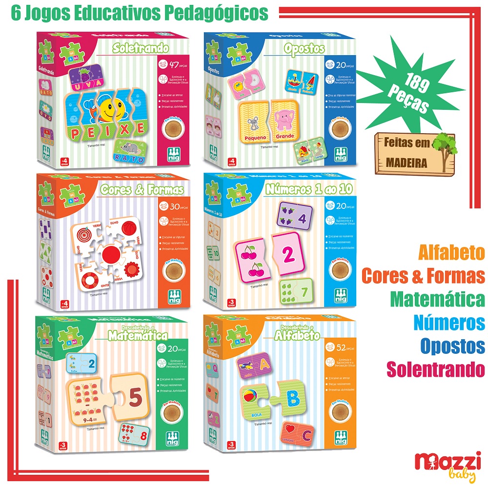 Kit 6 Jogos Educativos Pedagógicos em Madeira Nig Brinquedos | Shopee Brasil