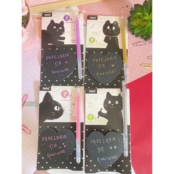 Coração Post it Postite preto com caneta metálica fofo kawaii Gato ...