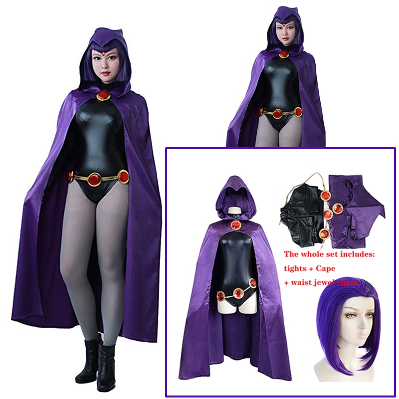 Adolescente Titans Raven Cosplay Fantasia Super-Herói Capa Macacão Zentai Halloween Roupas ...