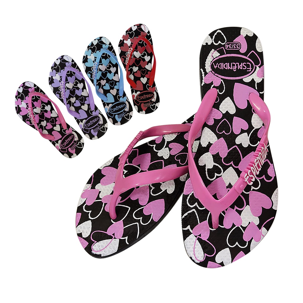 Chinelo de Borracha Tiras Coloridas Estampado 33 ao 40 Coração Floral ...