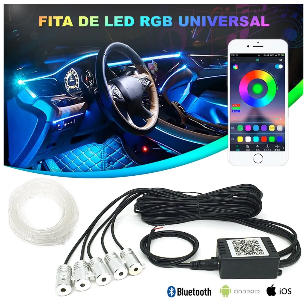 Fita led neon carro automotivo RGB porta painel Led 6 saídas Universal ...