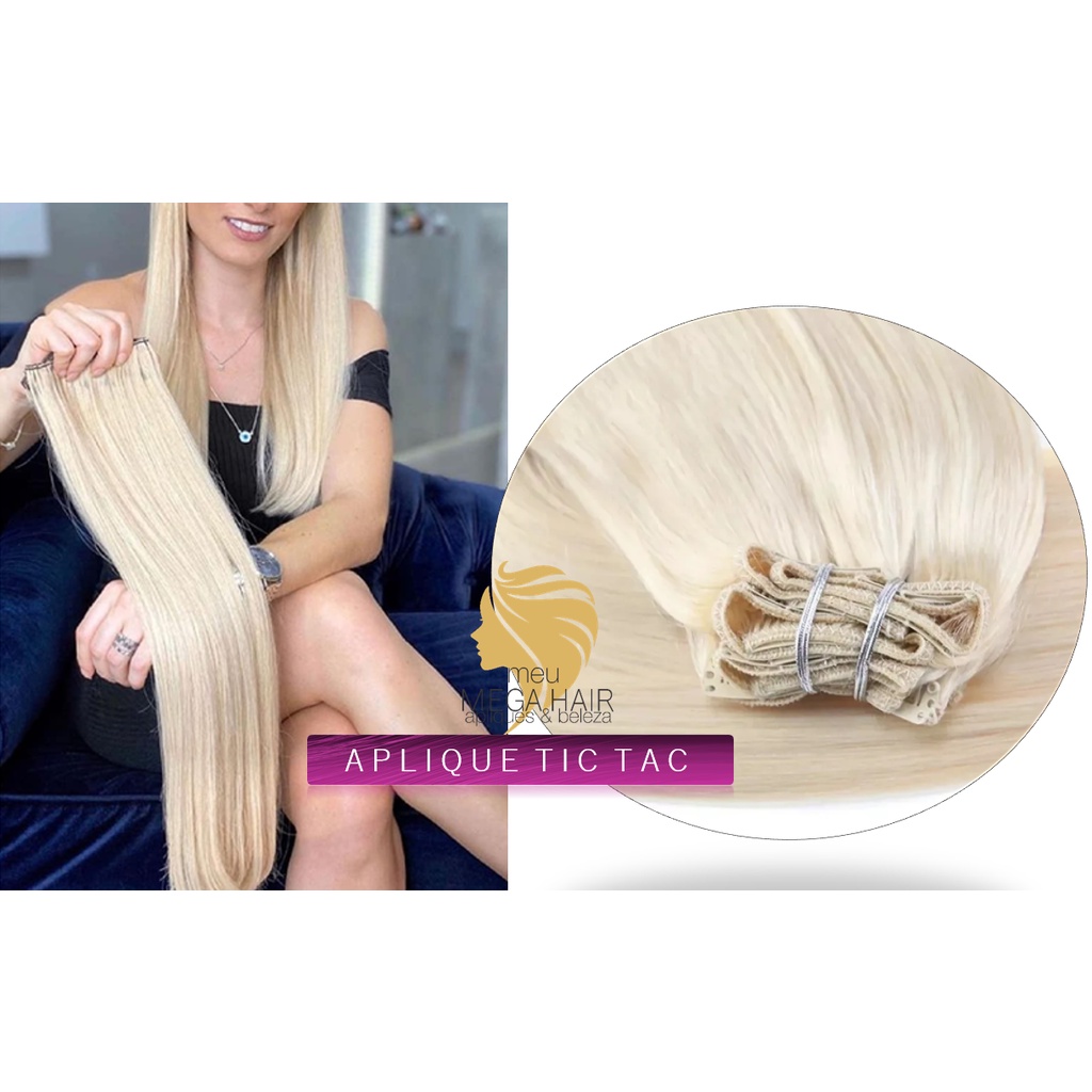 Aplique Cabelo Loiro Tic Tac 2 Telas 70cm 300grs Mega Hair Igual Humano ...