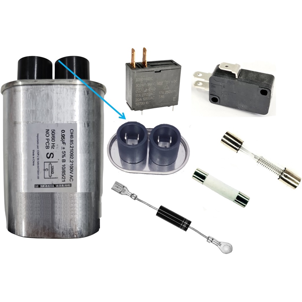 kit capacitor para microondas 0,85uf + 2 fusivel + rele + chave + diodo ...