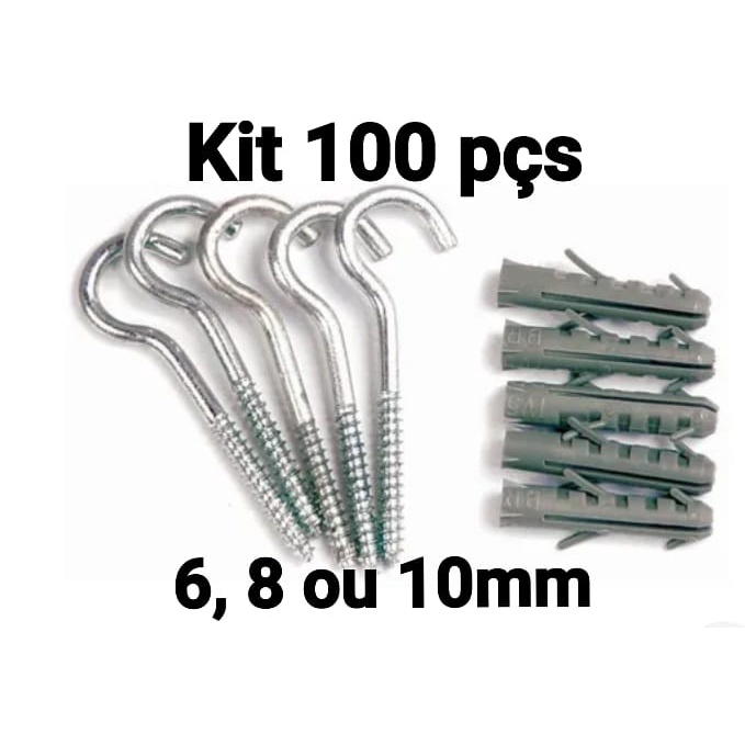 Kit De Gancho E Bucha Para Fixação De 6 8 E 10 Mm 100 Peças Sendo