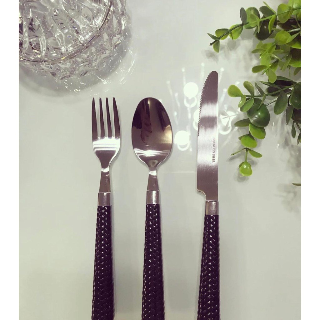 Kit Talher Aço Inox Rattan Preto Lyor Faca, Garfo e Colher | Shopee Brasil