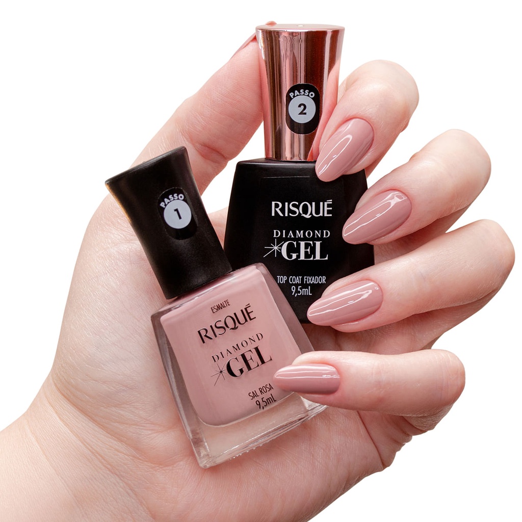 Kit Risqué Esmalte Diamond Gel Sal Rosa Cremoso + Top Coat Fixador 9 ...