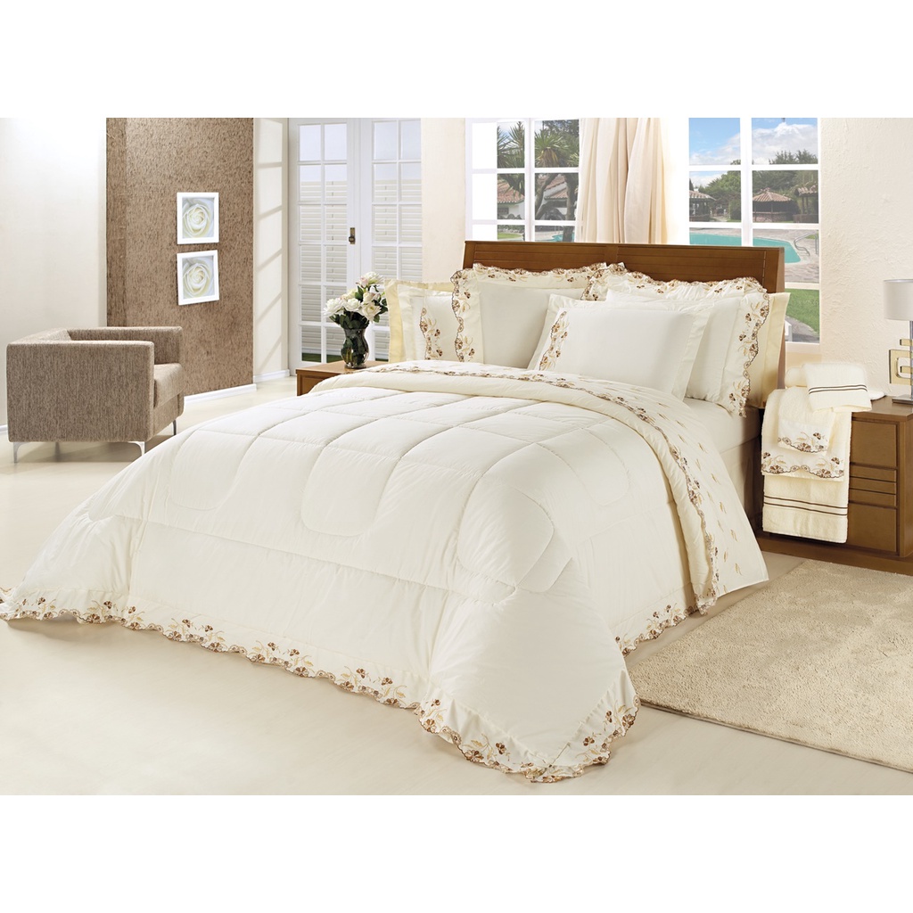 Kit Edredom Emozione Casal King 5 Peças Bordado Percal 200 Fios 100% ...