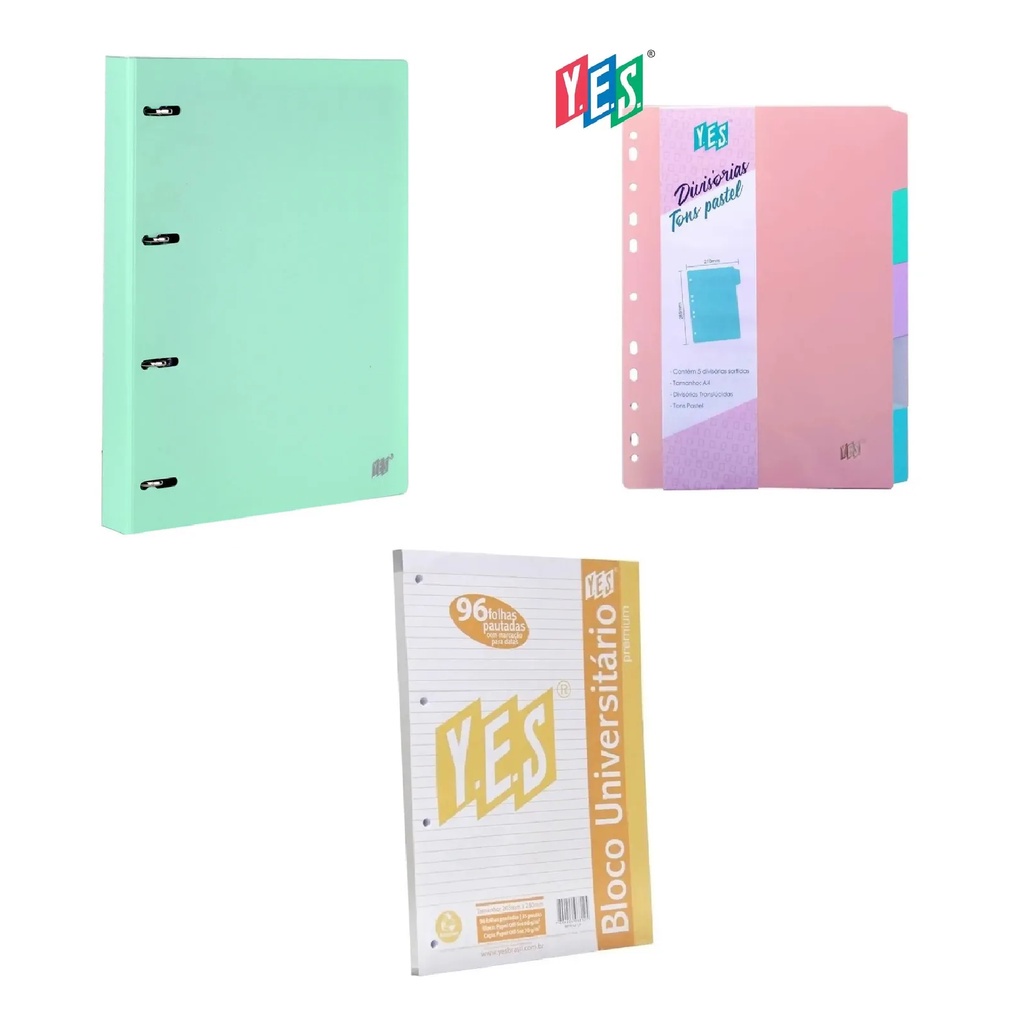 Fichário Caderno Argolado A4 Yes Verde Pastel + Divisória Extra + Bloco ...