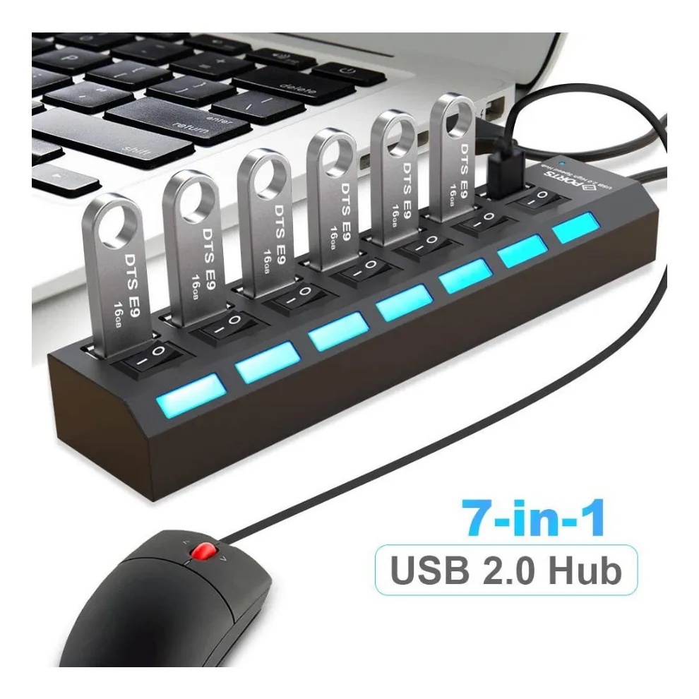 Hub Usb 2.0 c/7 Portas Pen Drive Teclado 480mbps Hd | Shopee Brasil