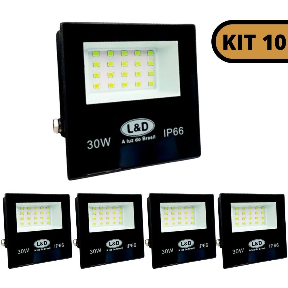 Kit 10 Refletor Led 30w Holofote Bivolt Slim Resistente Agua Branco Frio IP66 6500K | Shopee Brasil