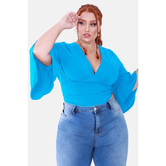 Cropped Curto Blusinha Plus Size Feminino Costa Nua Manga Flare ...