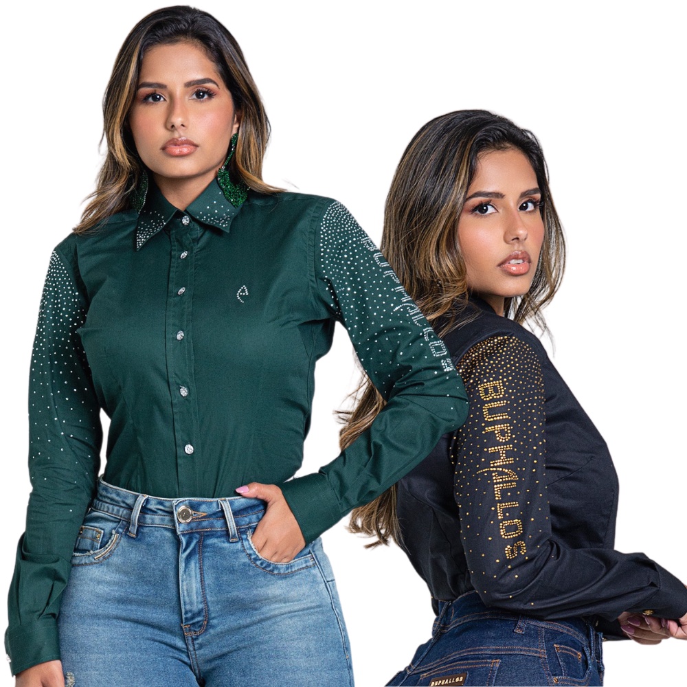 Camisa Country Feminina Buphallos Verde Preta Com Strass Brilho Para ...
