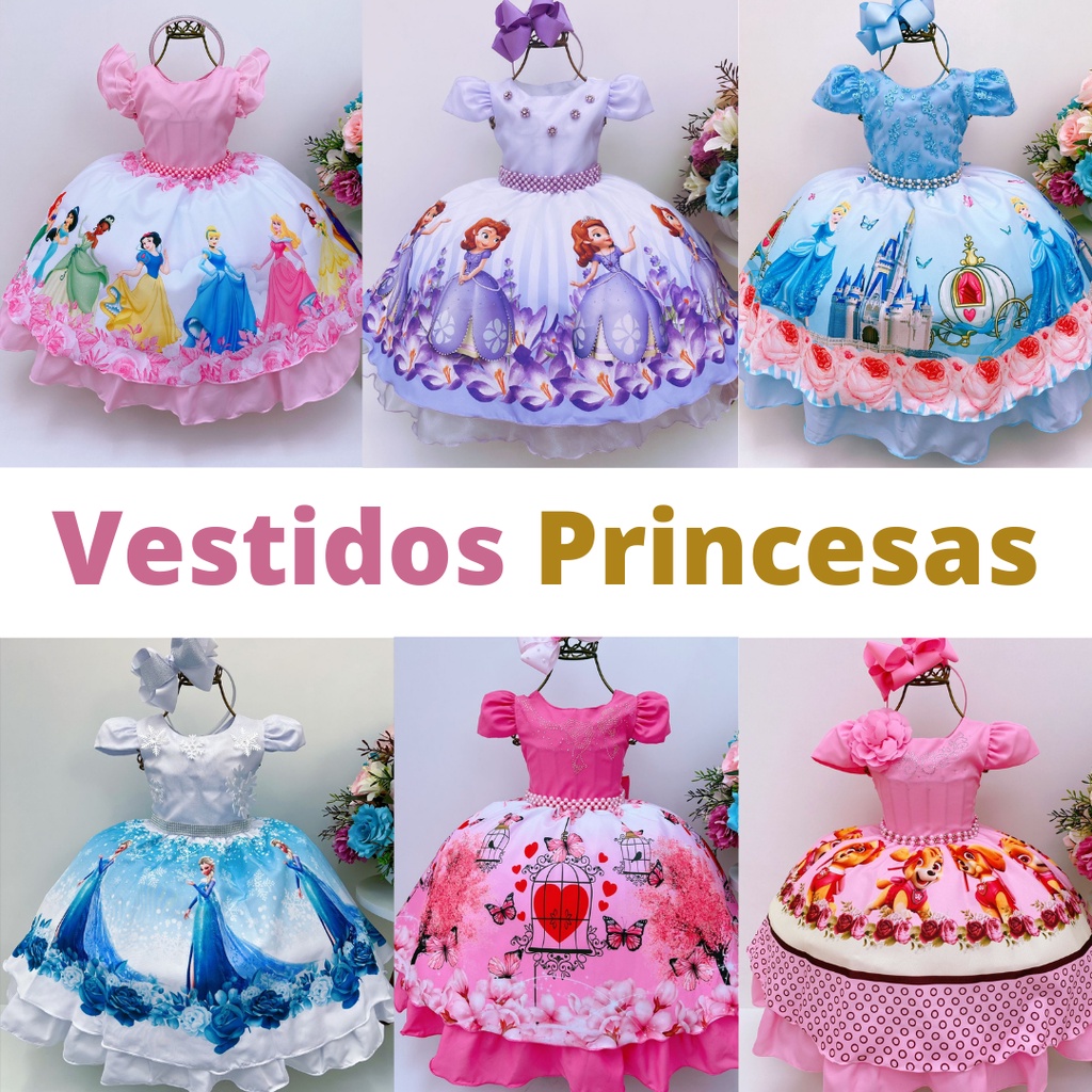 Vestido Das Princesas Disney Frozen fantasia mirabel encanto frozem Cinderela Bela e a Fera ...