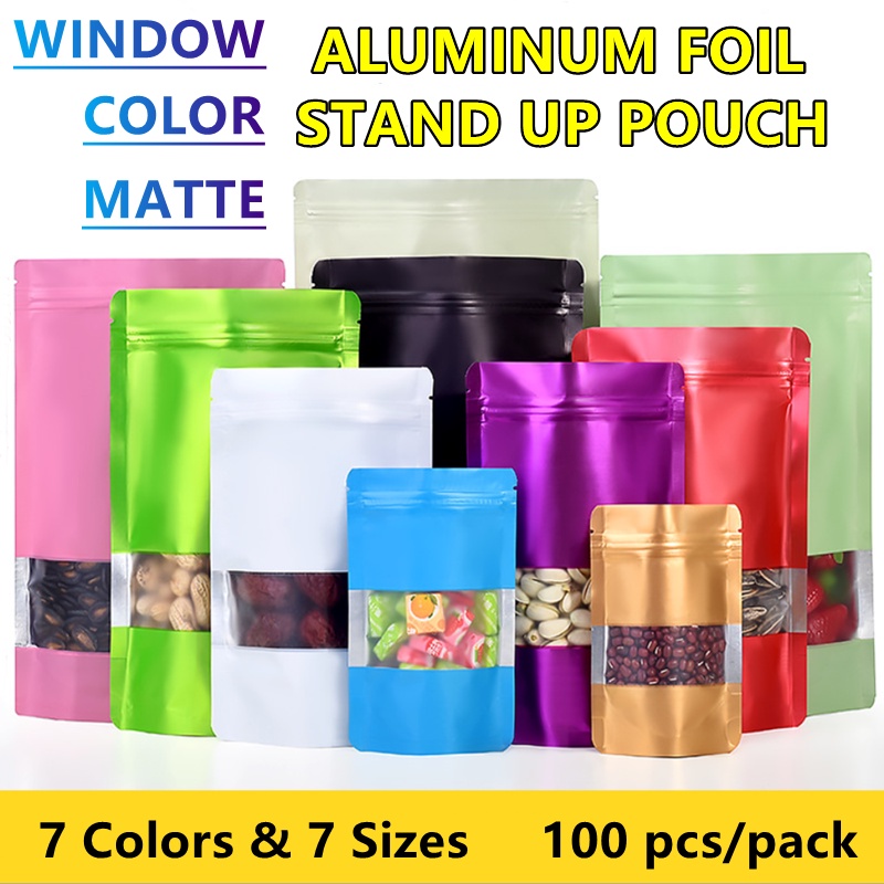 100 Unidades Saco de Alumínio de Cor Fosco com Janela Stand Up Pouch ...