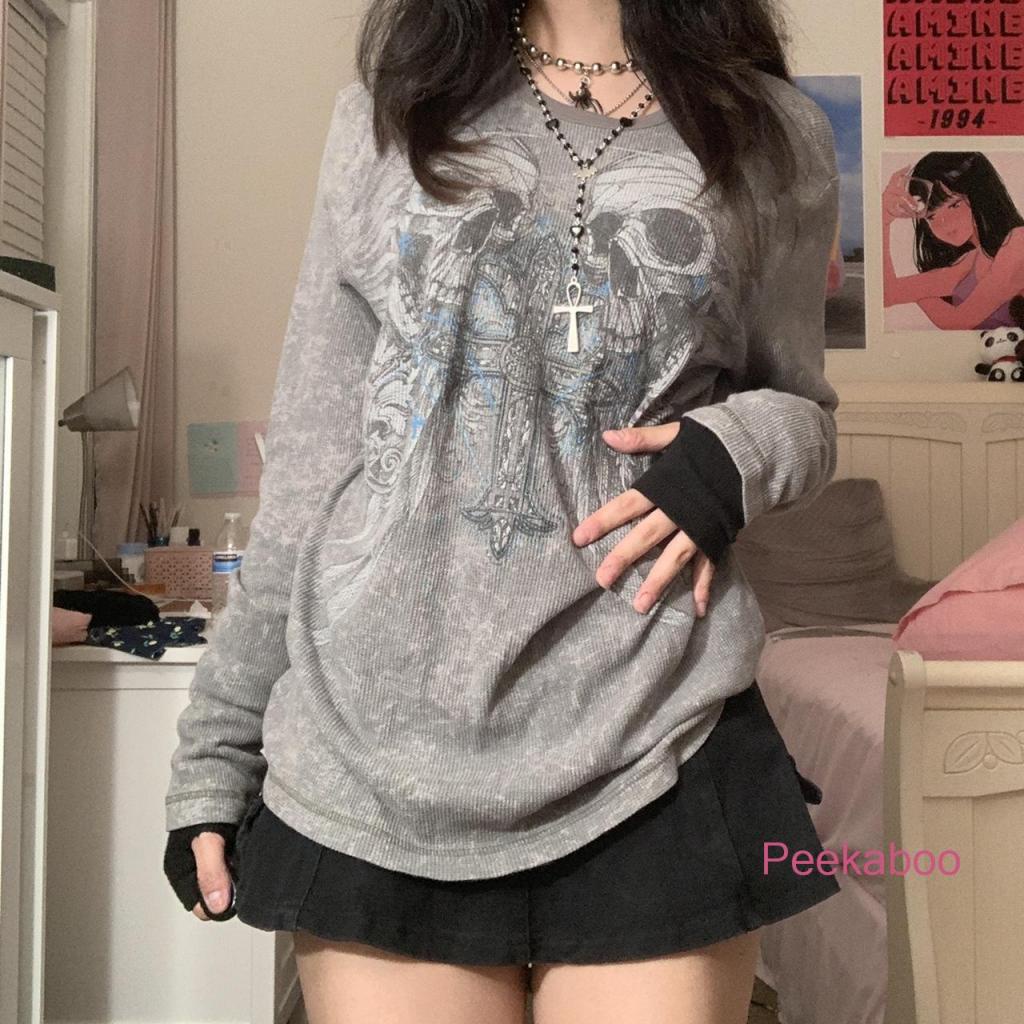 Pkb-Mulheres Fairycore Grunge Blusa De Manga Longa Estilo Punk Roupas ...