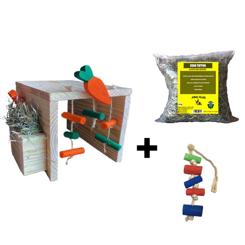 Kit roedores premium toca c/ porta feno + brinquedo + feno p/ coelho ...