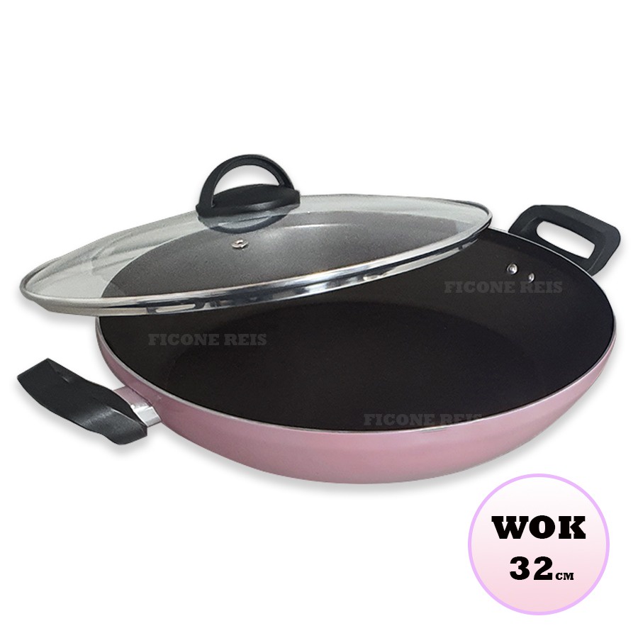 Panela Frigideira Wok 32cm Rosa - 5 Camadas Antiaderente Tampa De Vidro - Ficone Reis | Shopee ...