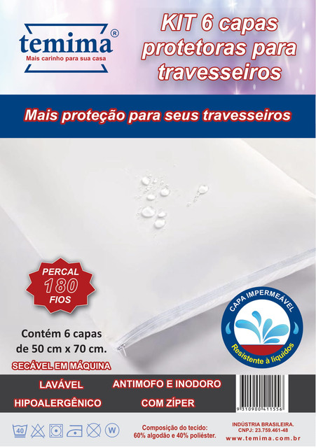 Kit C/ 6 Capas Protetoras Para Travesseiros Percal 180 Fios Temima ...