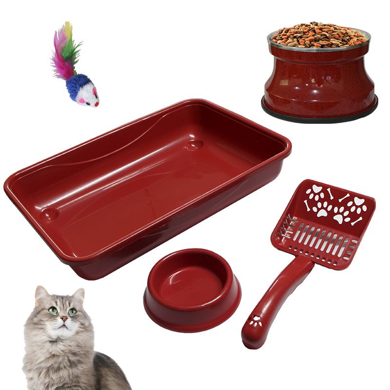 Kit Gato Felino Caixa Higienica Comedouro Alto Pa Vermelho | Shopee Brasil