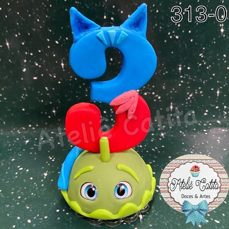 VELA 3 ANOS PERSONALIZADA MENINO LAGARTIXO DO TEMA PJ MASKS ANIVERSÁRIO ...