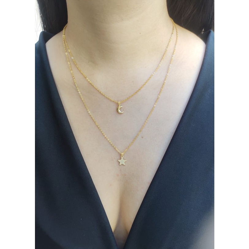 colar duplo estrela e lua FOLHEADO OURO E ANTIALÉRGICO | Shopee Brasil