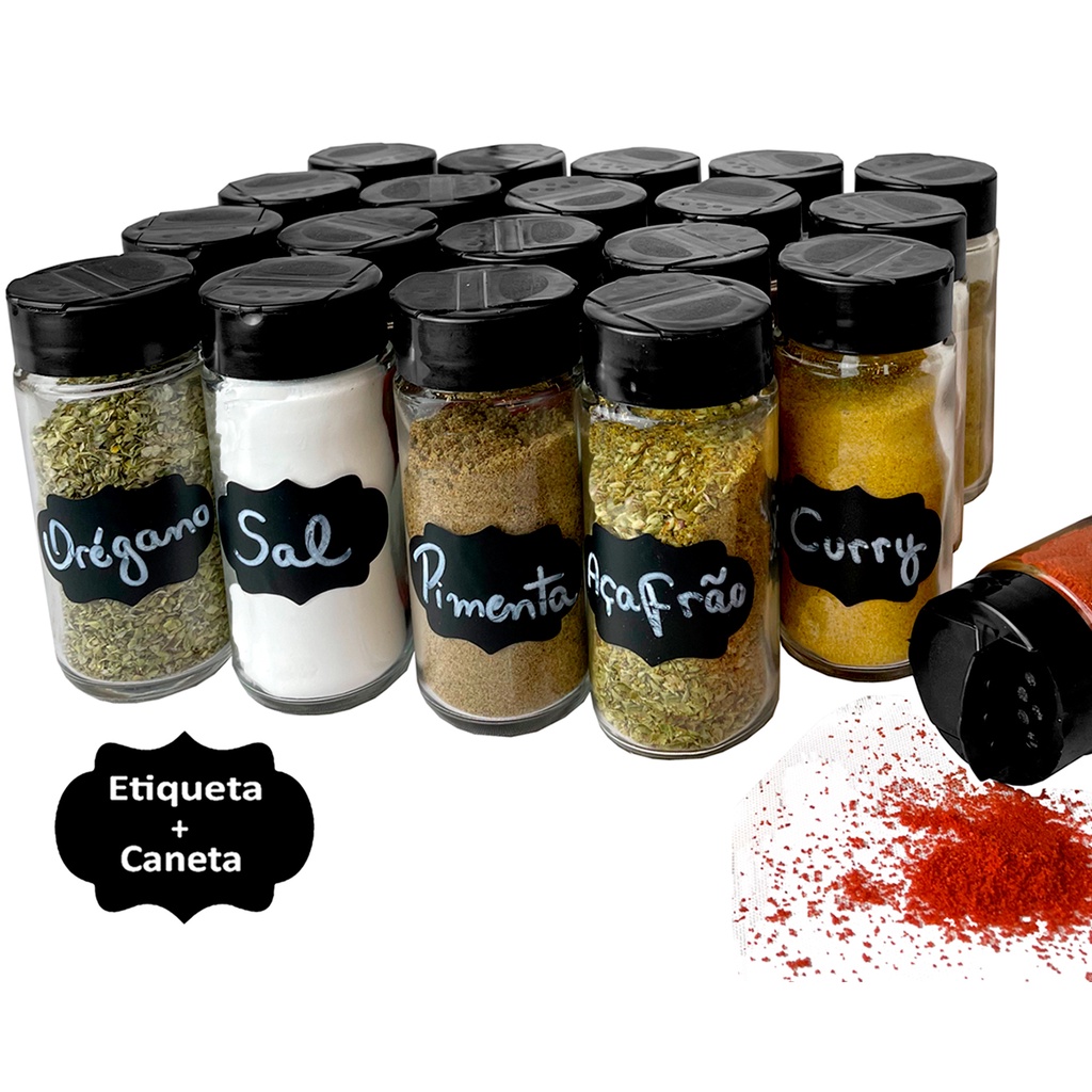 Kit 20 Potes 100ml Para Tempero Com Tampa Dosadora Dupla + Etiqueta e ...