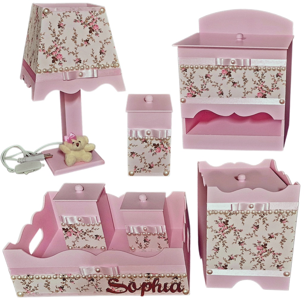 Kit Higiênico Bebê decorado 7Pçs madeira mdf - Rosa com Branco Florido ...