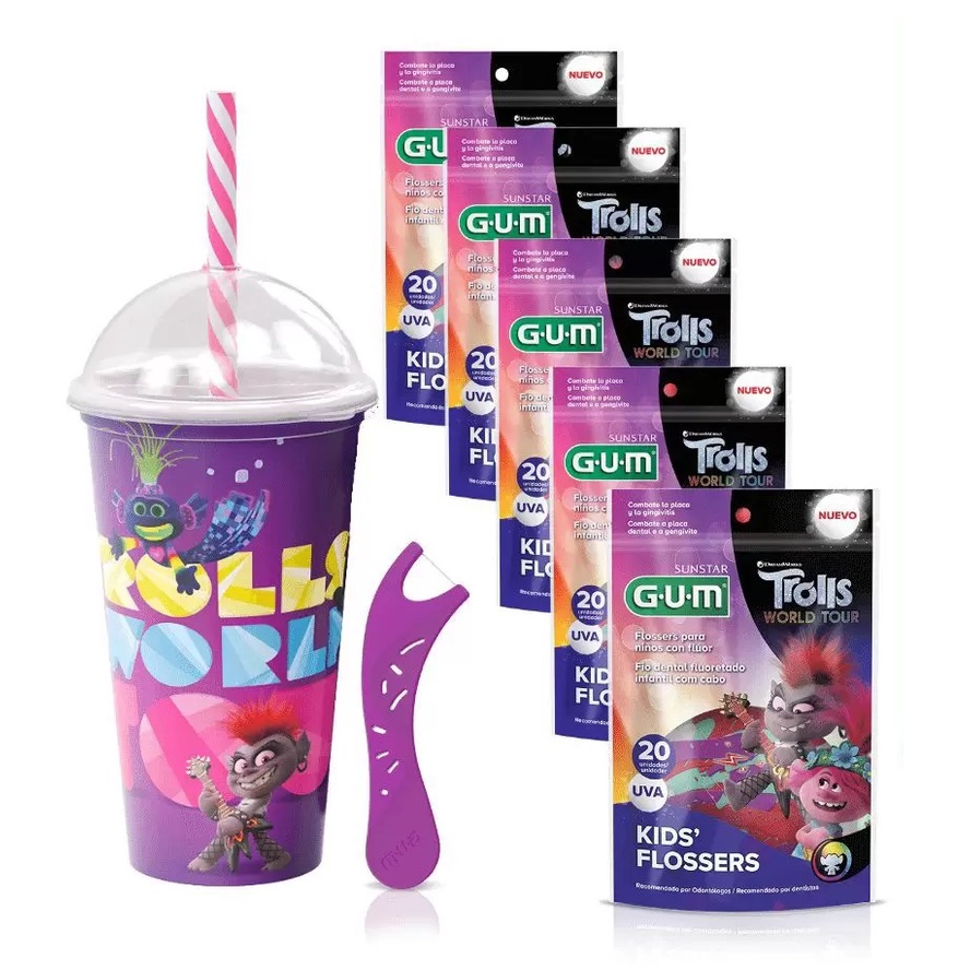 Kit Dental Infantil Trolls Gum (100 Flossers + 1 Copo) | Shopee Brasil