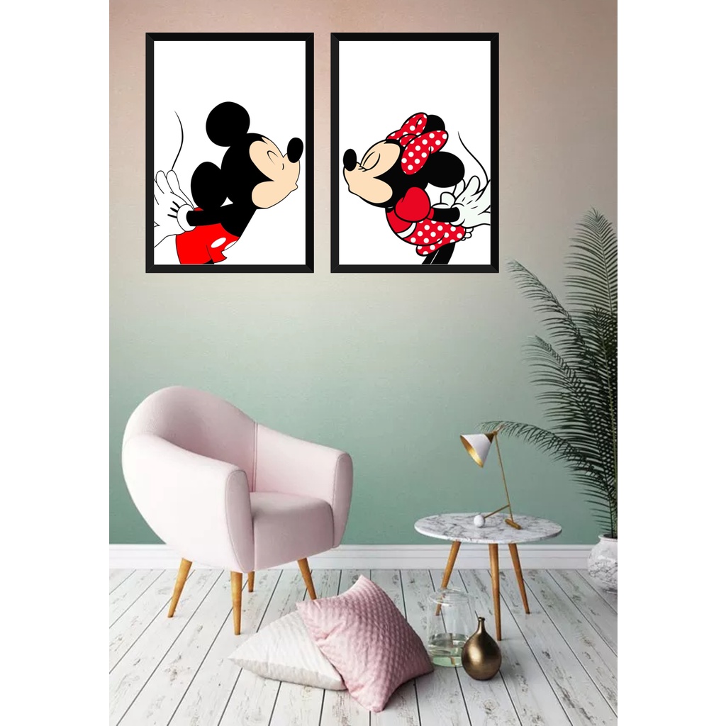 KIT 2 QUADROS DECORATIVOS MICKEY E MINNIE SE BEIJANDO 34x44CM COM ...