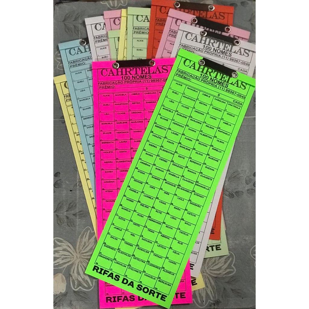 Cartela de rifa 100 nomes FRONTAL, pct c/ 10 unidades | Shopee Brasil