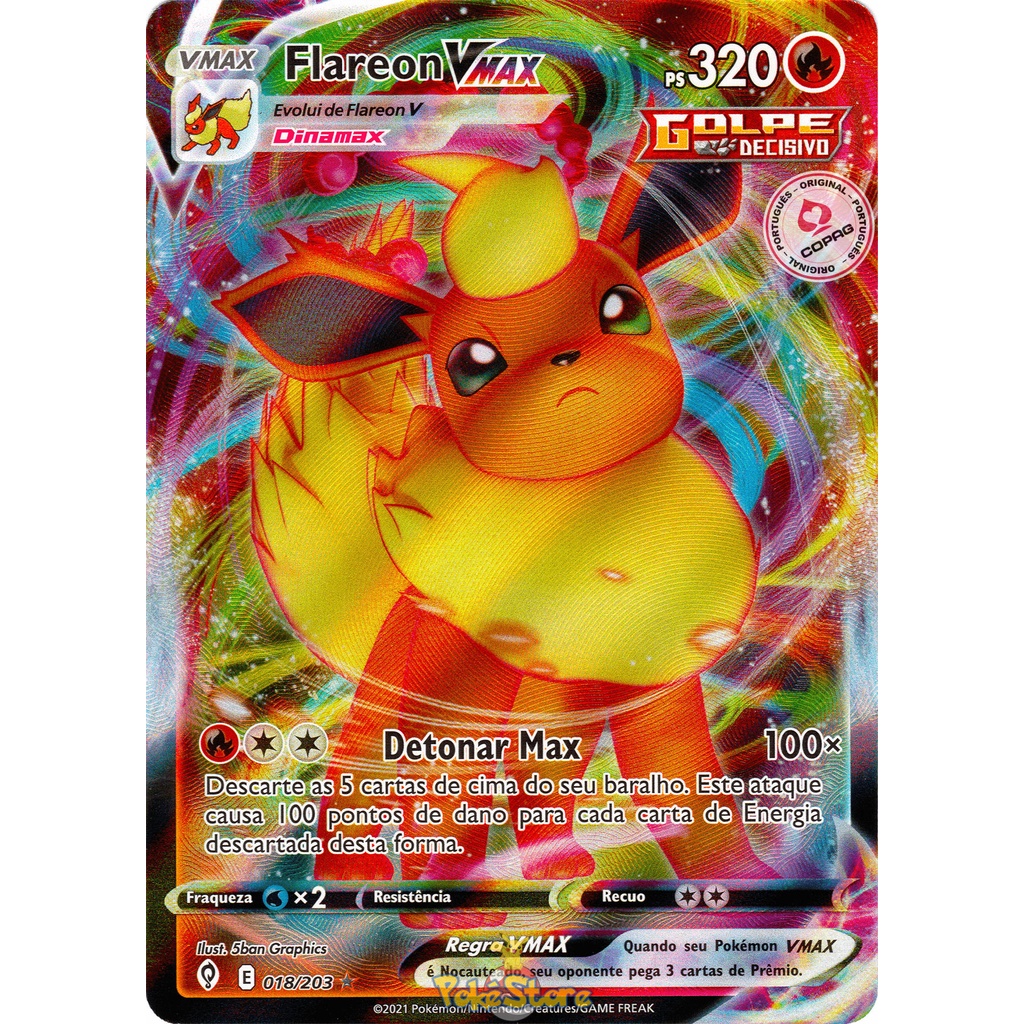 Carta Pokemon Flareon VMAX Português 018/203 Card Original Copag Céus ...