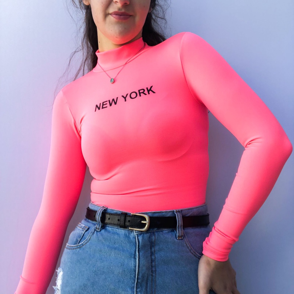 Blusa Body Feminino New York Rosa Neon Pink Manga Longa Outono Inverno ...