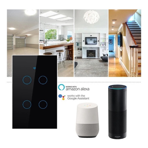 Interruptor Wifi 4 Botoes preto Touch Alexa Google Tuya (sonoff ...