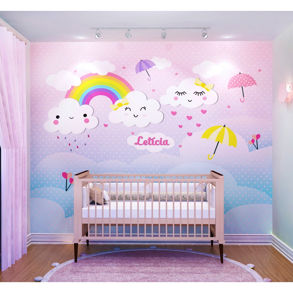 Papel de Parede Tema Chuva de Amor Infantil Bebês Soft Color 1m² ...