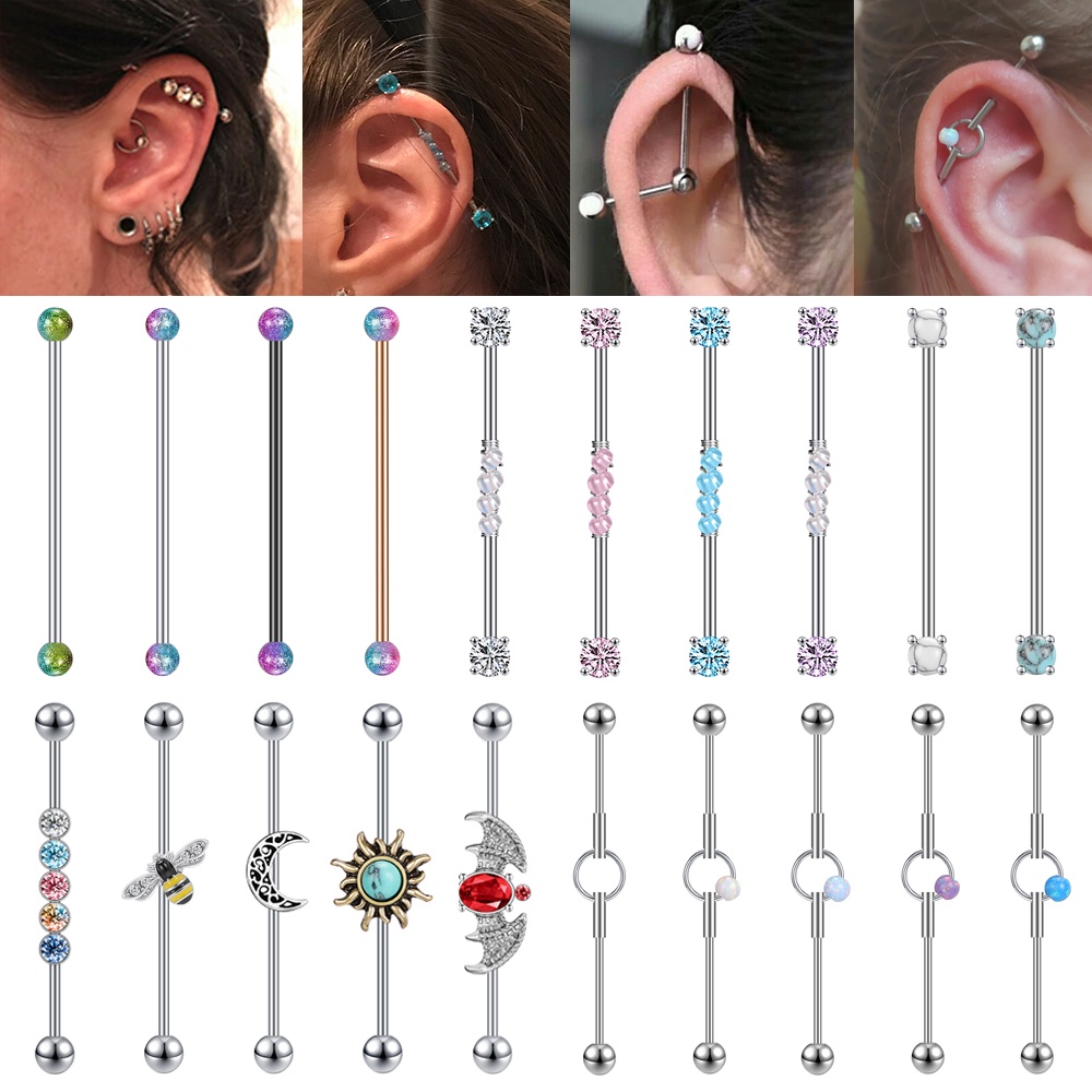 1 PC 14G/16G Cz Industrial Barbell Opala Orelha Helix-Conch Piercing ...