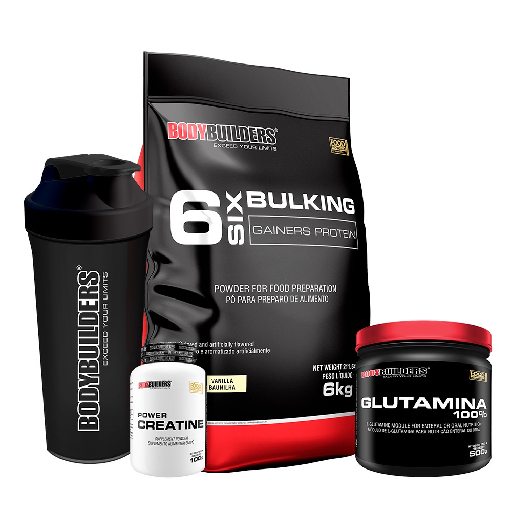 Kit Hipercalórico 6 Six Bulking Gainers Protein 6kg + Power Creatina 100g + Glutamina 100% 500g ...
