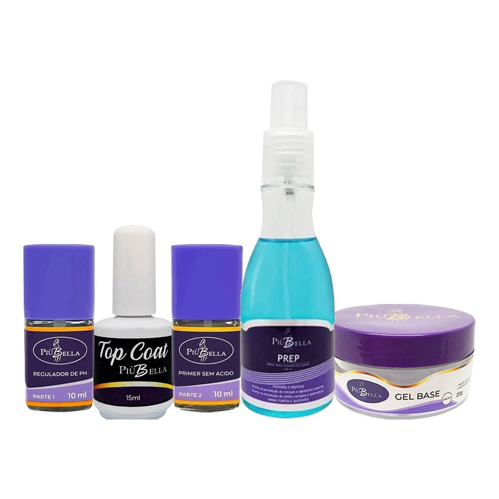 Kit Piu Bella Novo Gel Capa Base 20g + Prep + Top Coat + Preparadores ...