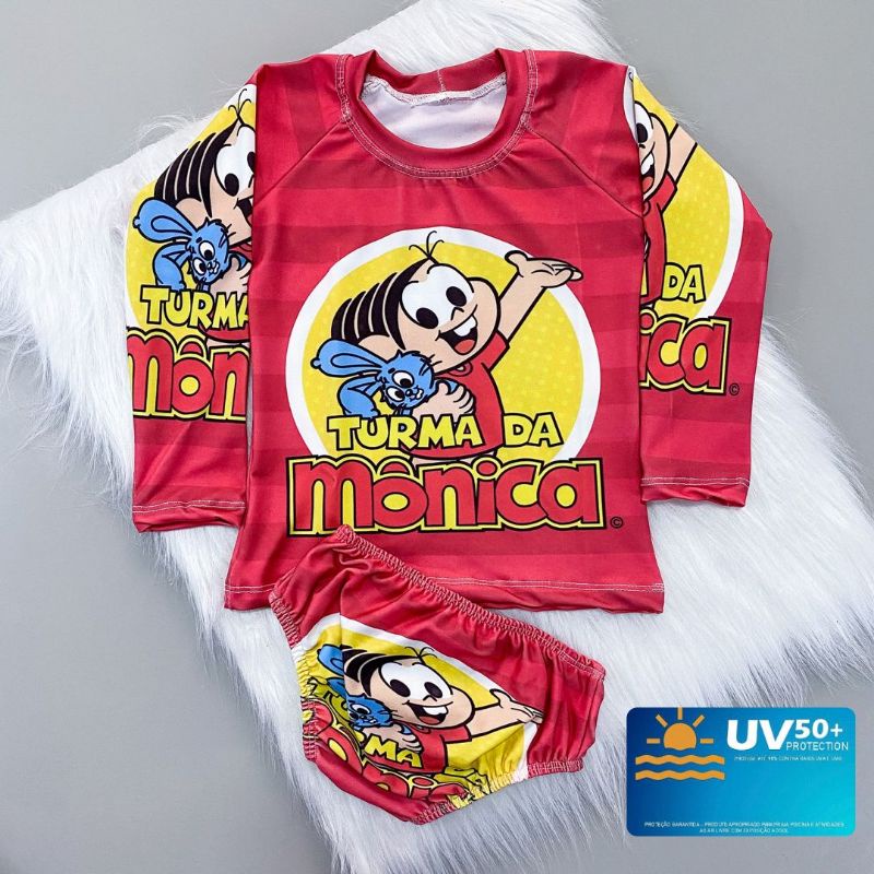 Kit biquini infantil Feminino MONICA proteção 96% UV + sunga camisa ...