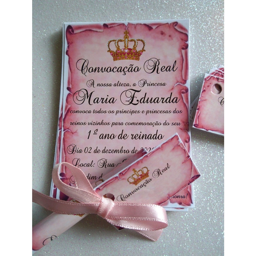 30 Convite Pergaminho Realeza com Fita de Cetim e Tag - Papel ...