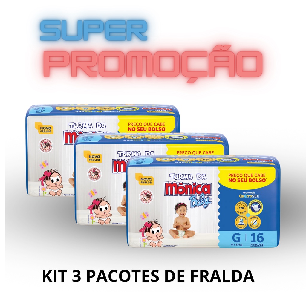 Kit 3 Fralda G Turma da Monica Baby - Total 48 Fraldas Descartaveis ...