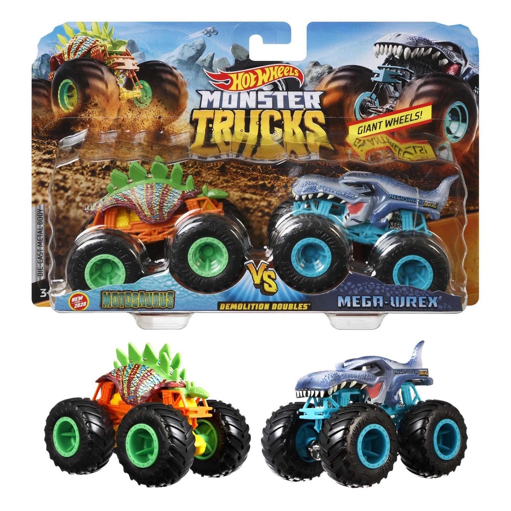 Hot Wheels Monster Trucks Demolition Doubles Motosaurus vs Mega Wrex GLC86 - Mattel | Shopee Brasil