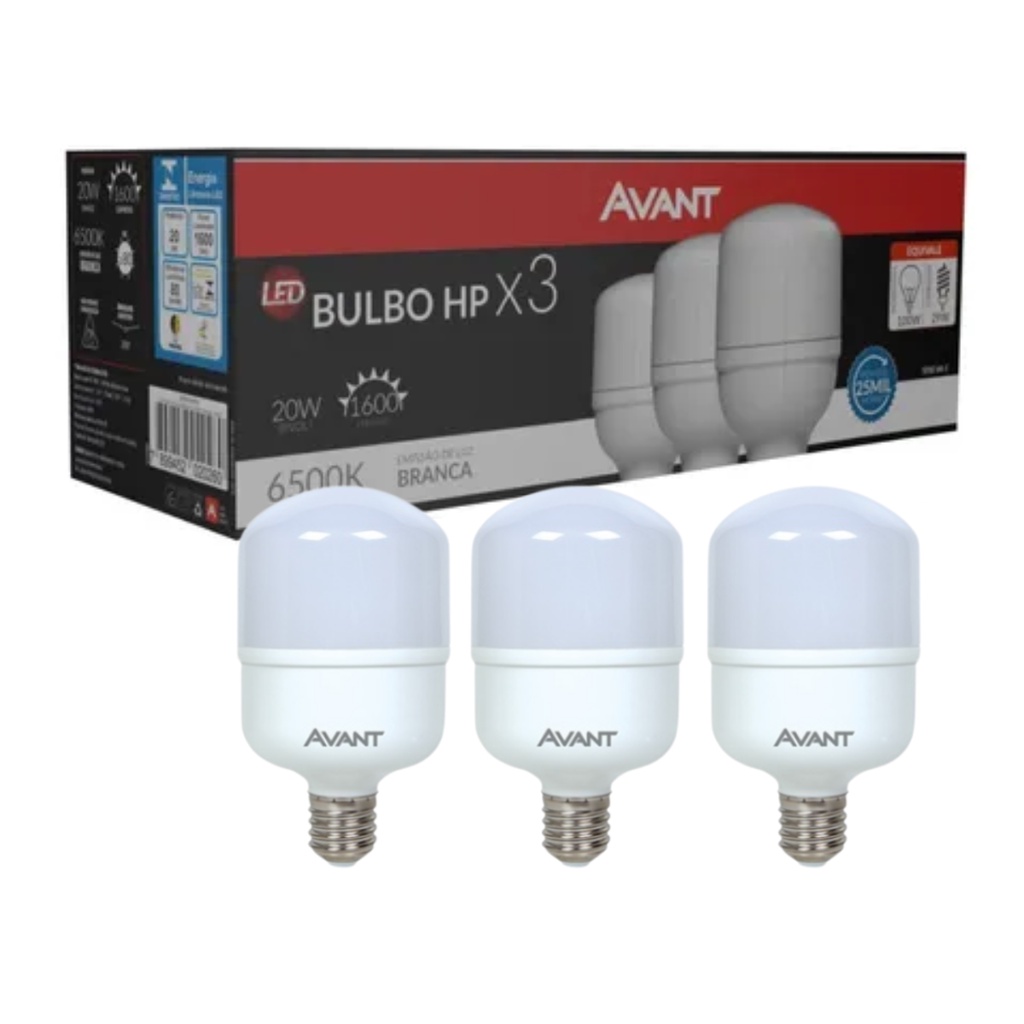 Kit 03 Lâmpadas Led 20w Bulbo Soquete E27 Bivolt Branco Frio 6500k Pack Avant | Shopee Brasil