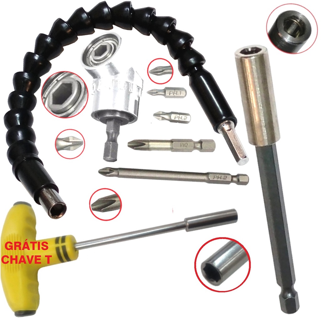 Kit jogo com 3 adaptadores extensor com reto 1/4" 100mm, angular 1/4 ...