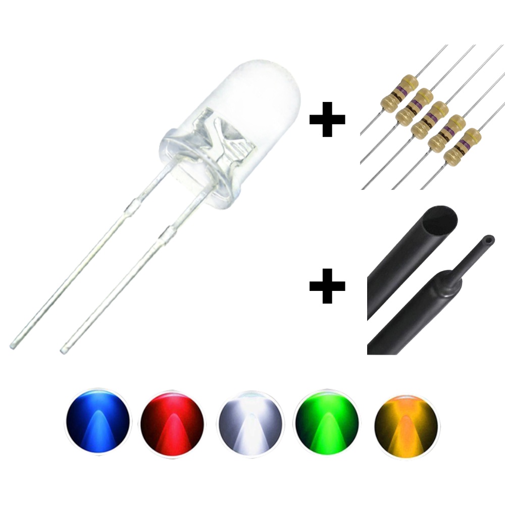Kit de 50 Unidades 5 cores Led 5mm Alto Brilho + Termo + Resistor 5v 9v 12v 24v - Faz a Boa!