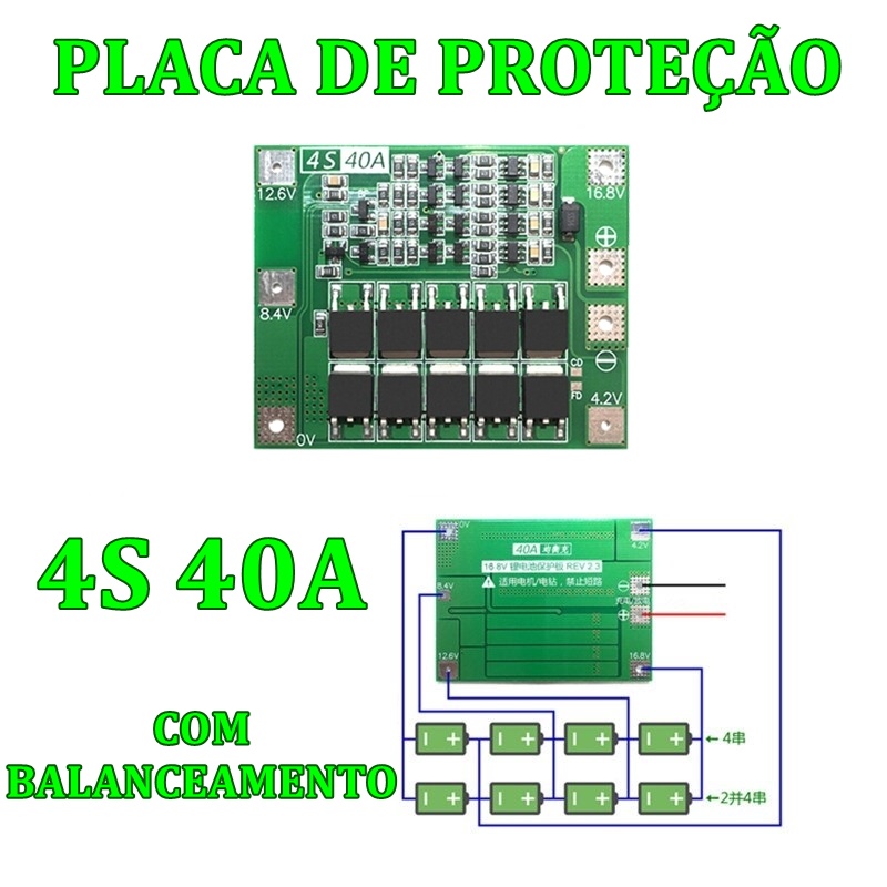 Placa Bms 4s 40a 14,4v 12/24 v Placa Proteção Carga Para Baterias 18650 ...