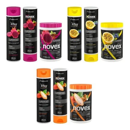 Kit Cronograma Capilar Novex Superfood Shampoo + Cond + Máscara 400g C/09 Unid | Shopee Brasil