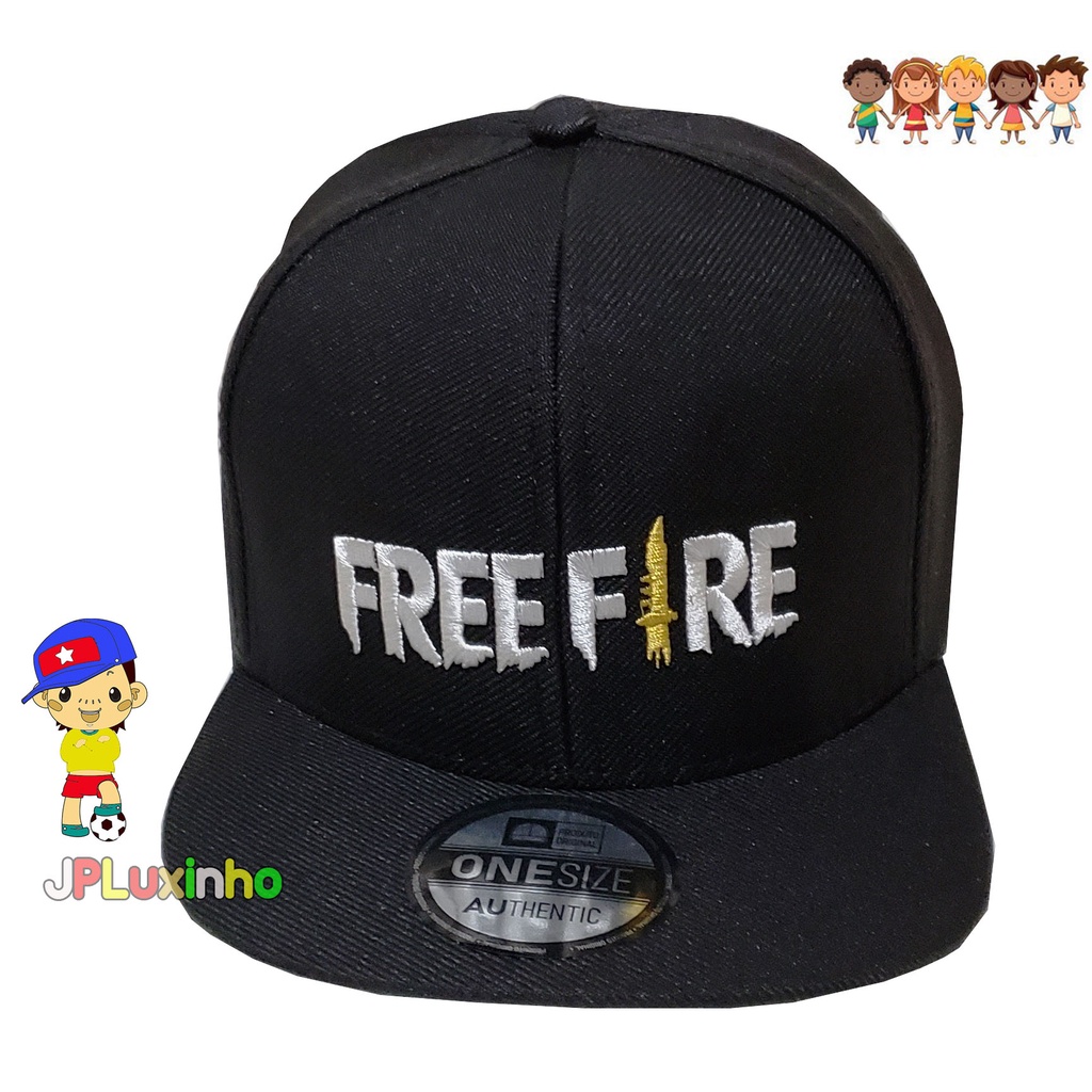 Bone Infantil Free Fire Aba Reta Bordado Preto Video game moda youtuber ...